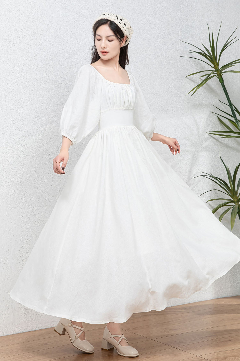 White Linen Swing Dress - Flowy Midi linen Dress C4766 – YLISTYLE