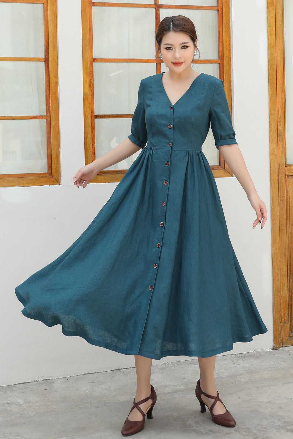 Button Front linen Midi dress c4839 – YLISTYLE